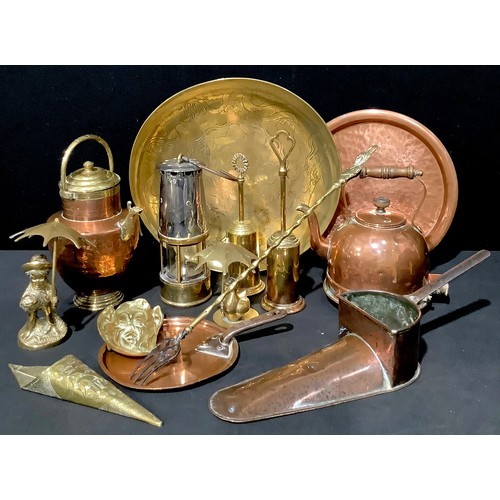 A brass and steel miner's safety lamp; a 19th century copper ale ...