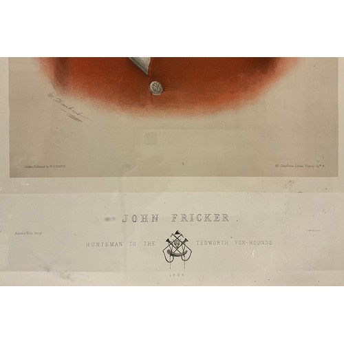 John Fricker, Huntsman to the Tedworth Fox-Hounds, coloured lithograph, dated 1886, 63cm x 70cm
