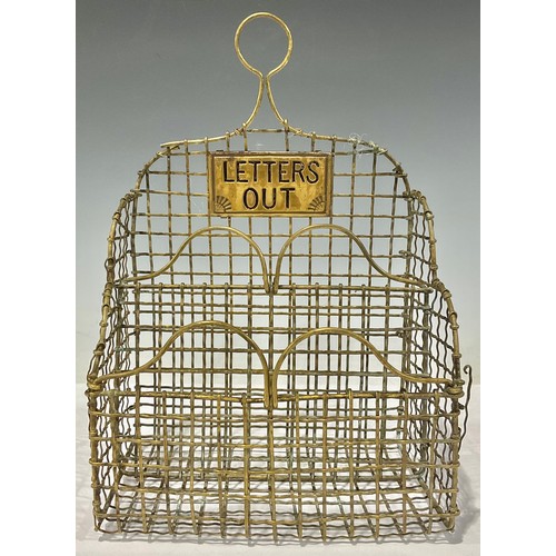 A late Victorian brass wire work letter rack, inscribed Letters Out, c.1900