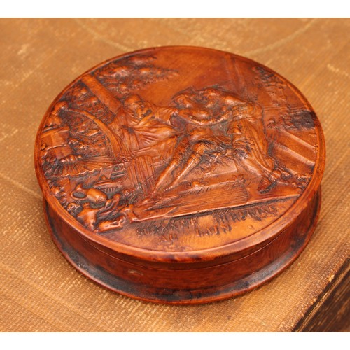 Snuff - A 19th circular century pressed walnut tortoiseshell lined ...