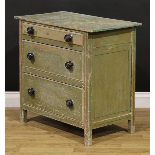 A 19th century vernacular painted pine chest, of three long graduated ...