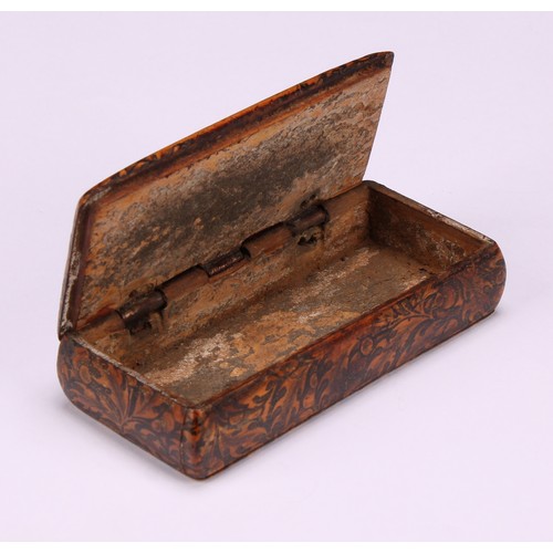 A Regency penwork snuff box, hinged cover decorated with a coach and ...