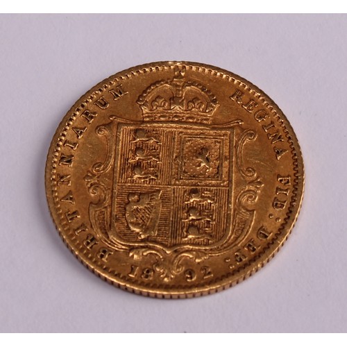 A Victorian gold shieldback half sovereign, 1892