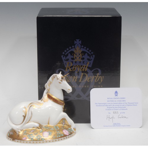 A Royal Crown Derby paperweight, Mythical Unicorn, the second in a pair ...