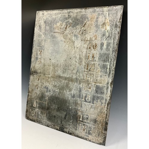 An 18th century French engraved slate fencing score board, 54cm x 40.5cm.