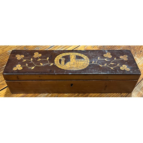 An Irish Killarney marquetry rectangular box, hinged cover inlaid with ...