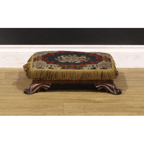 A Victorian rosewood footstool, stuffed-over woolwork top, scroll feet ...