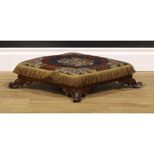 A Victorian rosewood footstool, stuffed-over woolwork top, scroll feet ...