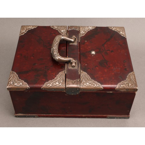 A Japanese silver mounted lacquer two-section cigar box, the covers ...