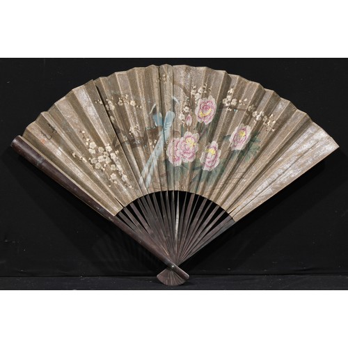A large Chinese paper fan, painted in gouache with exotic birds, 102cm ...