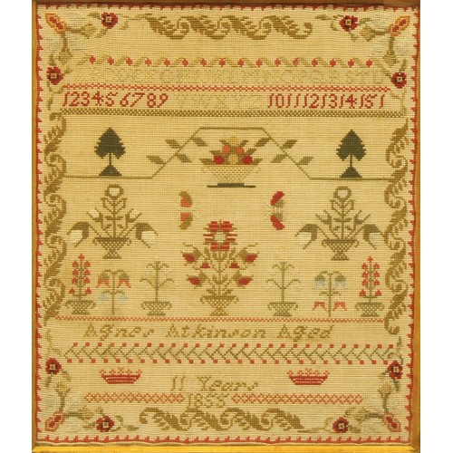 A Victorian needlework sampler, Agnes Atkinson, Aged 11 Years, 1855, in ...