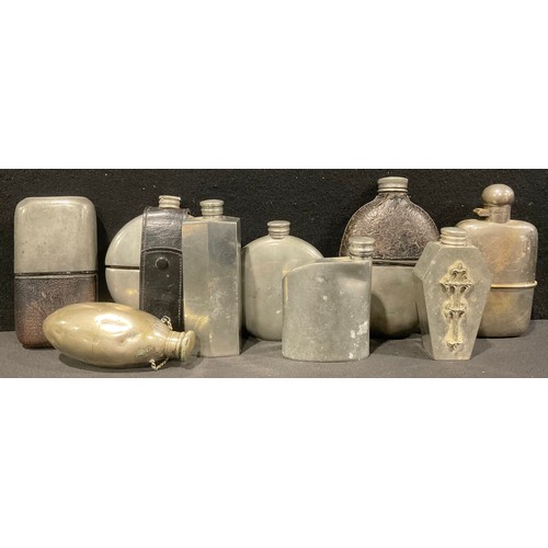 Hip Flasks - various designs, novelty Gothic coffin shaped; pewter, James Dixon & Sons; etc (9)