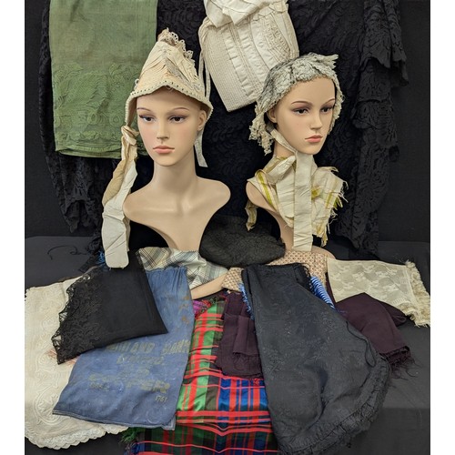 Textiles - Victorian garments including a black apron; lace shawls ...