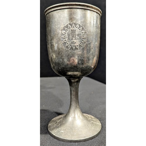 A Victorian Walker & Hall pewter communion cup, stepped rim, the bowl ...