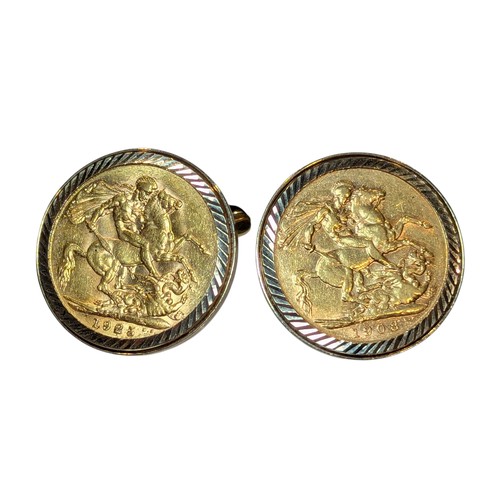 A pair of 9ct gold mounted sovereign coin cufflinks, one of the 9ct ...