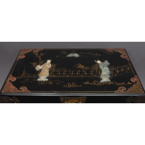 A Chinese lacquer, soapstone and brass mounted work box or cabinet ...
