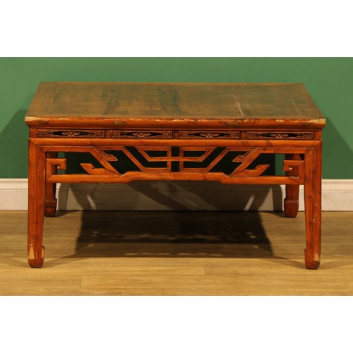 A Chinese hardwood low tea table, square top, the apron with angular ...