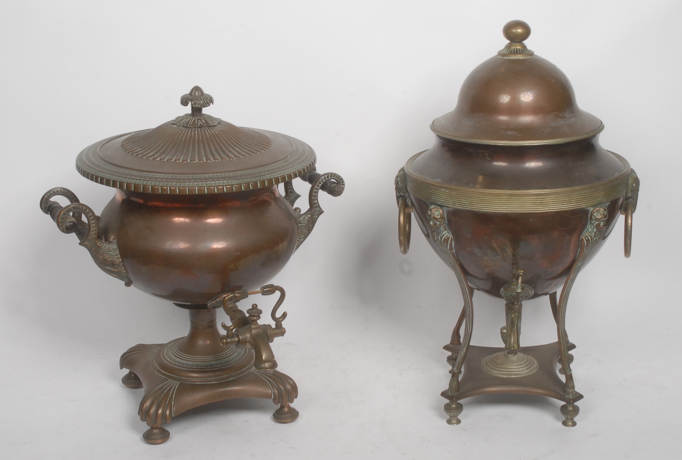 A post-Regency copper and brass pedestal tea urn or samovar, slightly ...