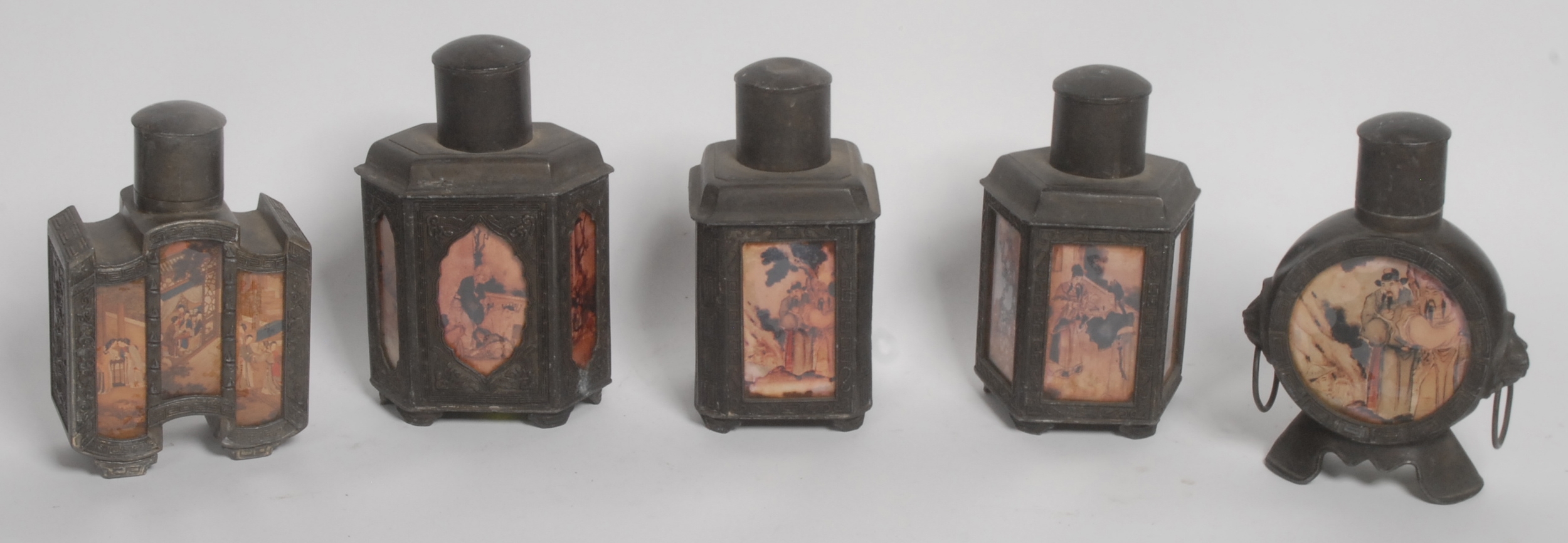 A Chinese pewter hexagonal tea caddy, the sides with glass panels ...