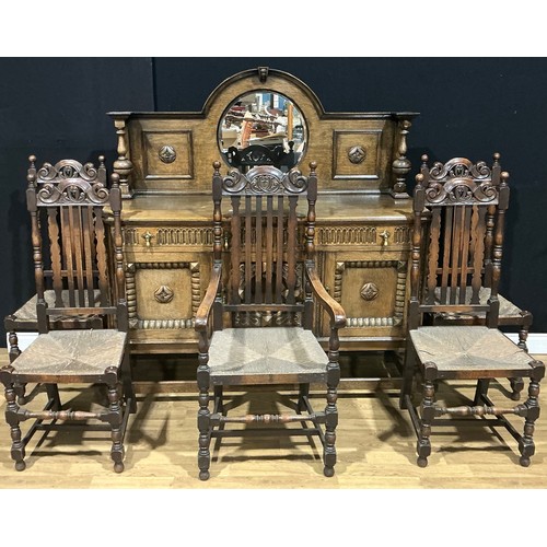 A Jacobean style oak sideboard, 157cm high, 152.5cm wide, 50cm deep; a ...