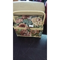 Floral tapestry-covered rectangular sewing work box with braided rope ...