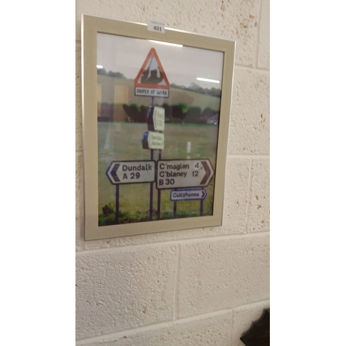 Framed colour photographic print depicting Northern Ireland road signs ...