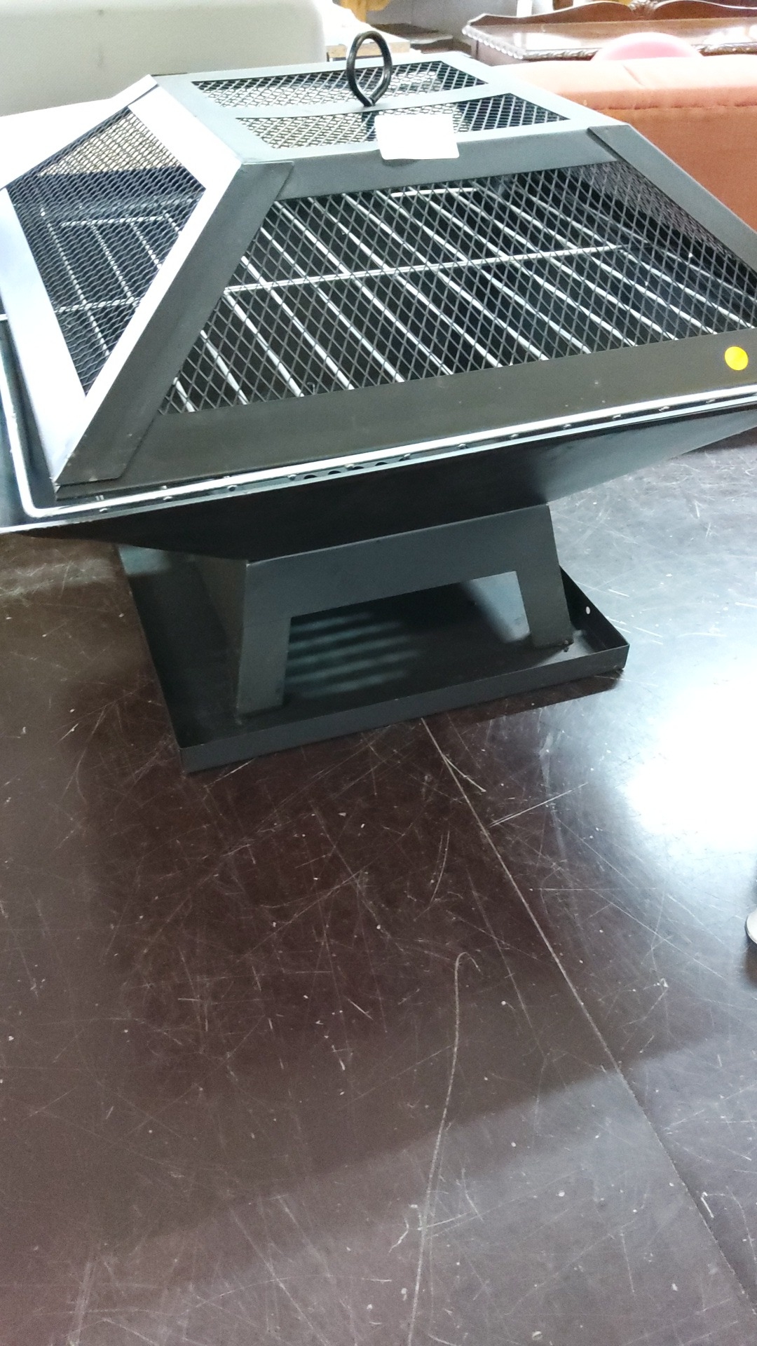 Square black-painted steel patio fire pit with raised base, removable ...