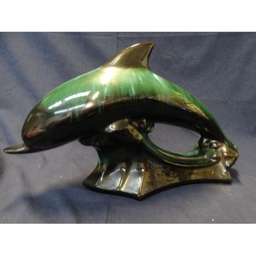 Spectacular Ceramic Dolphin in Deep Green to Black Glaze. 16" Nose to ...