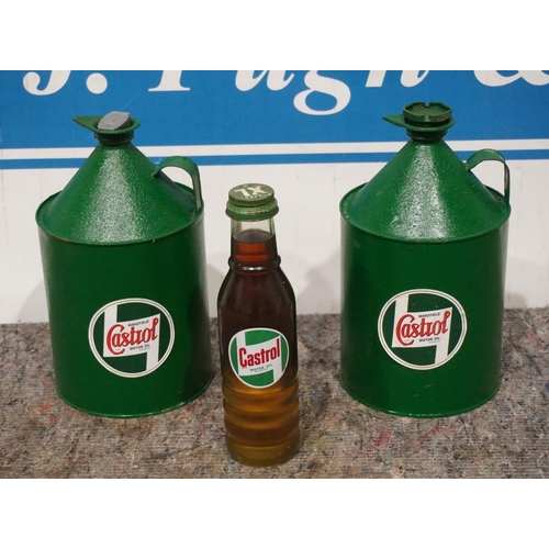 2 Oil cans and Castrol glass oil bottle