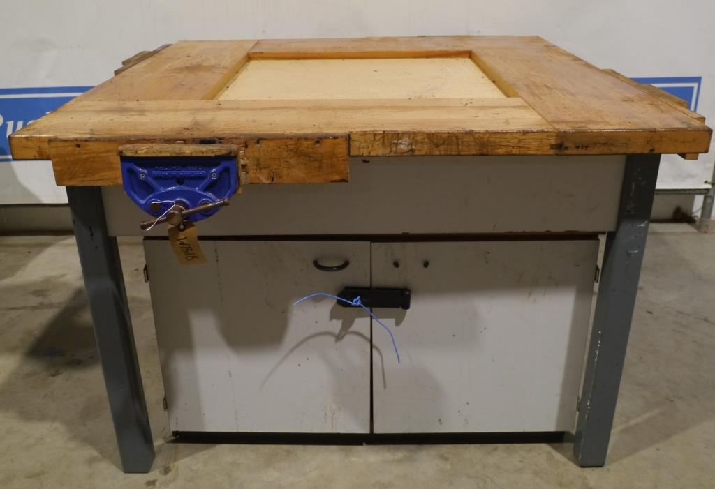 Metal framed wooden work bench with 4 Record V175 vices and cupboard ...