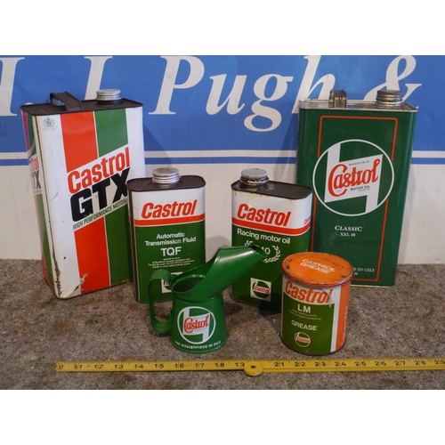 Mixed Castrol cans and oil jug
