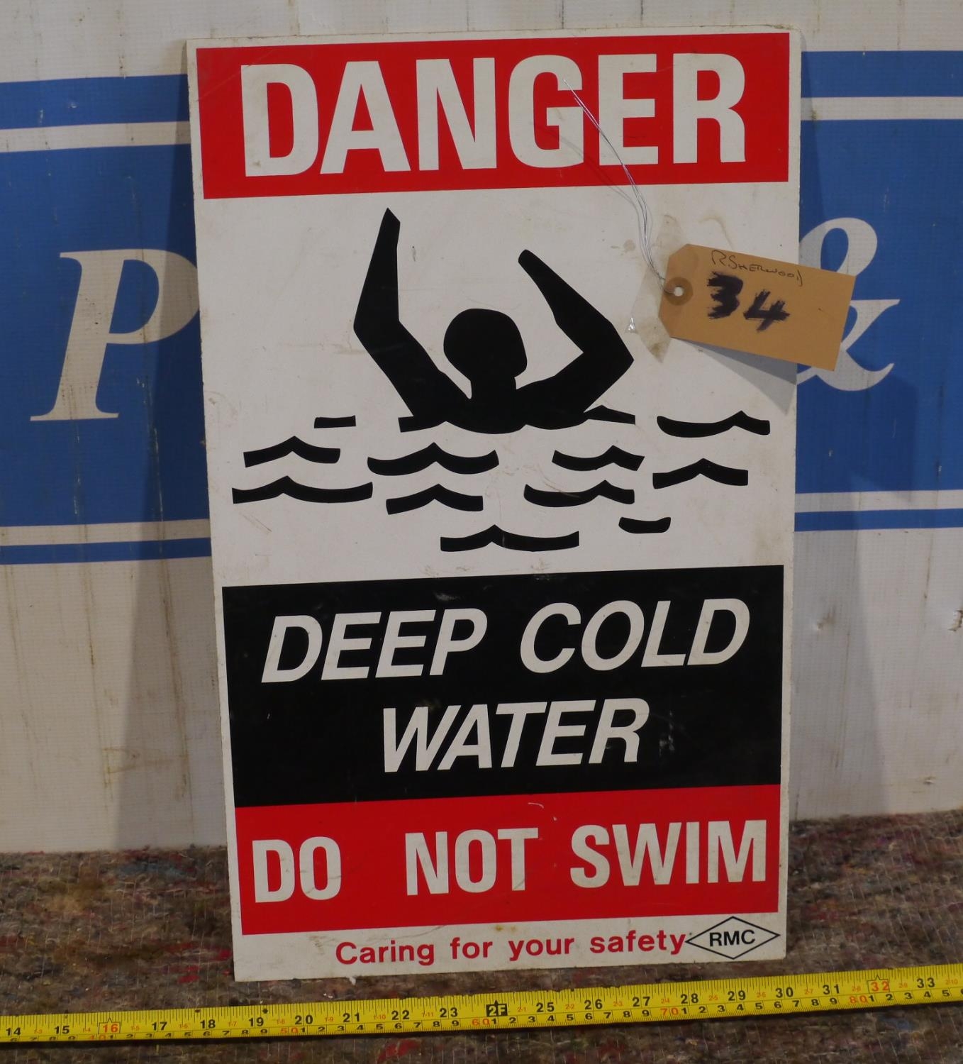 Perspex sign- Danger deep cold water 19 1/2 x 12"