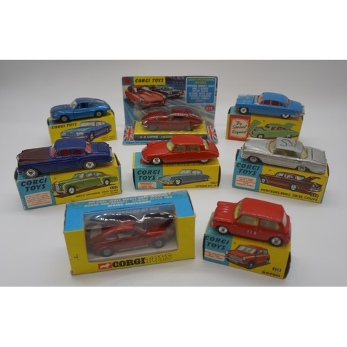 8 Corgi Toys- Citroen 210S, Lancia 332, Bentley 224, Mercedes 230 ...