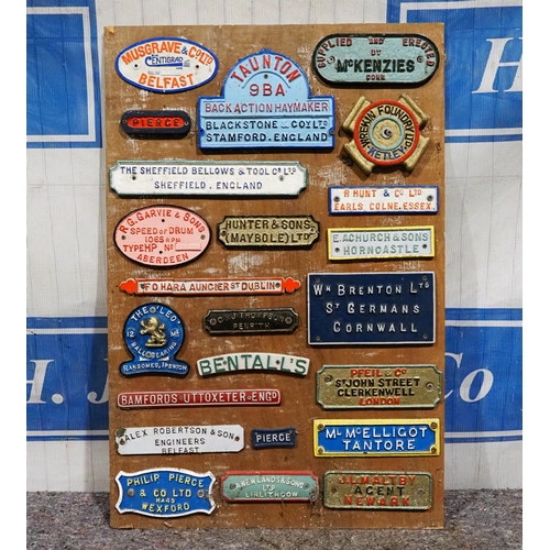 Cast iron plaques on board to include Pierce, Bentall's and Bamfords- 22