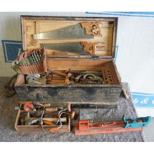 Carpenters tool chest and contents to include Disston saw, moulding ...