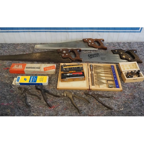 3- Disston hand saws, sharpening stones, drill bit sets etc