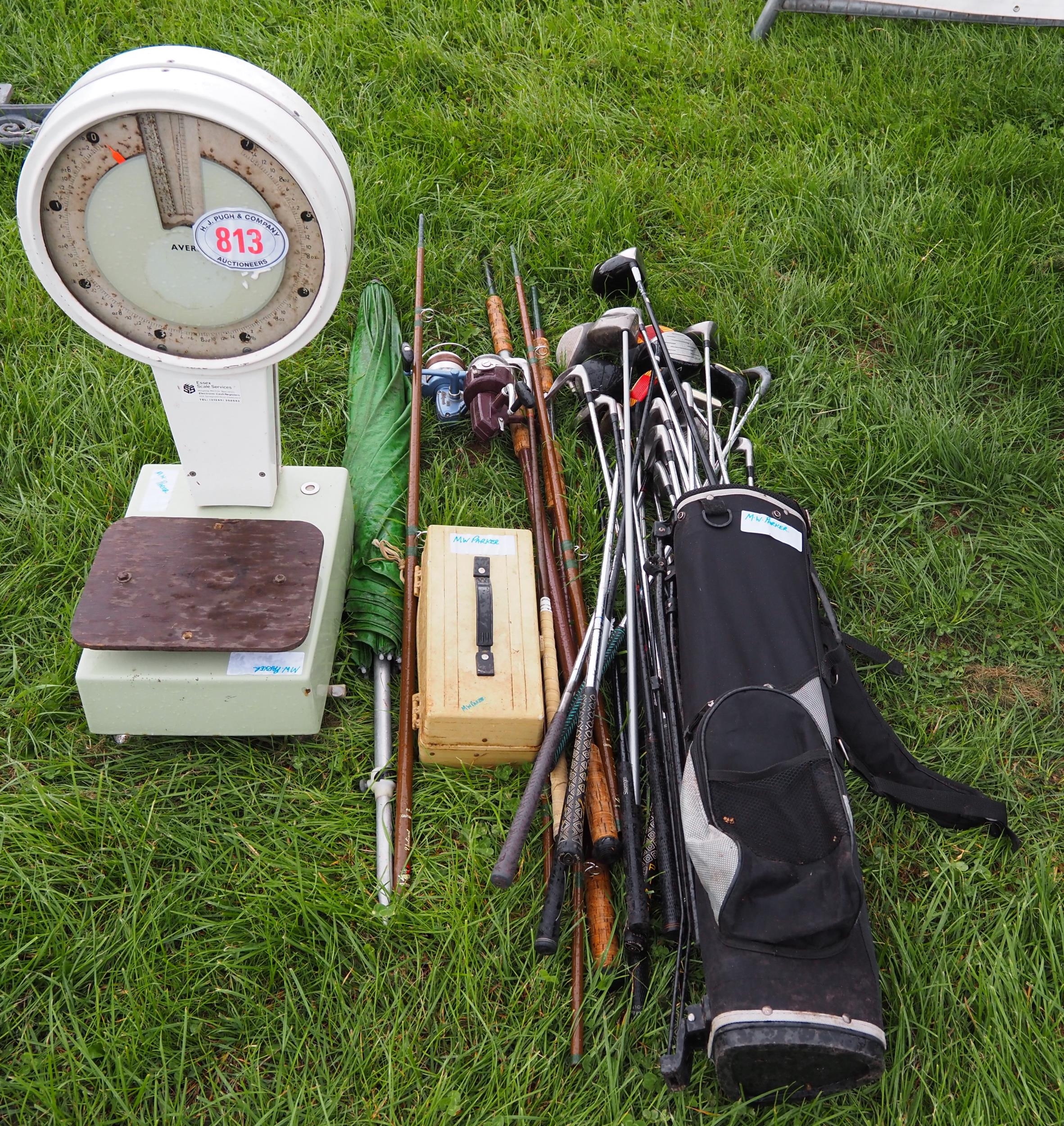 Golf clubs, fishing rods & scales