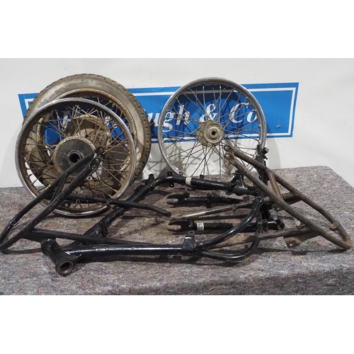 BSA B40 Frame parts and 3 motorcycle wheels