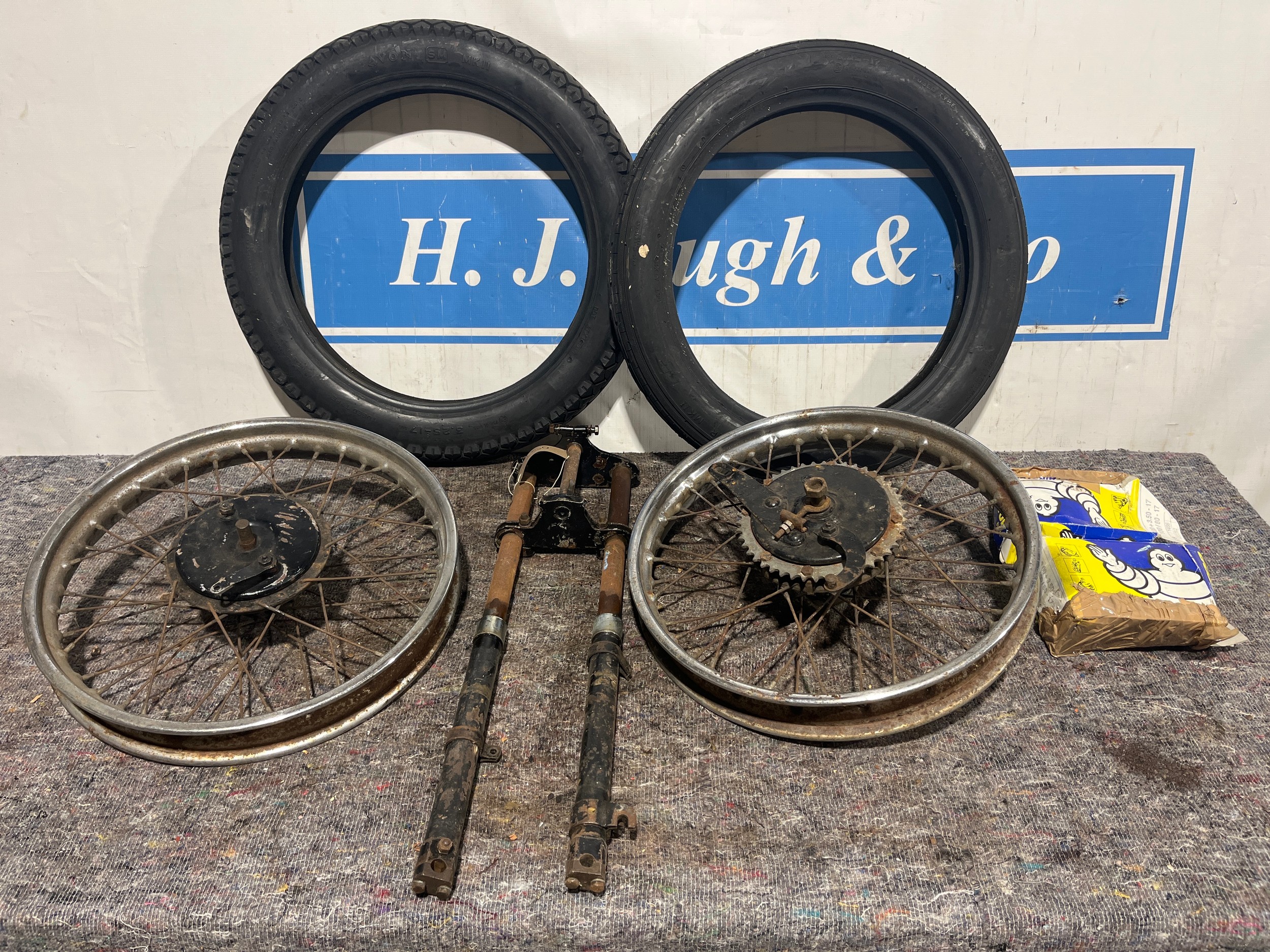 Pair of Triumph Tiger cub wheels, forks and tyres
