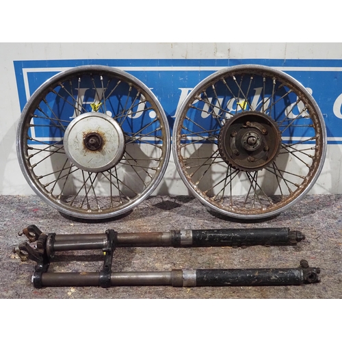 BSA C15 front forks and pair of wheels
