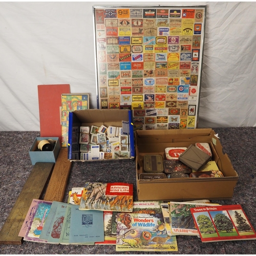 Vintage named tins, board game, cigarette cards and framed matchbox covers