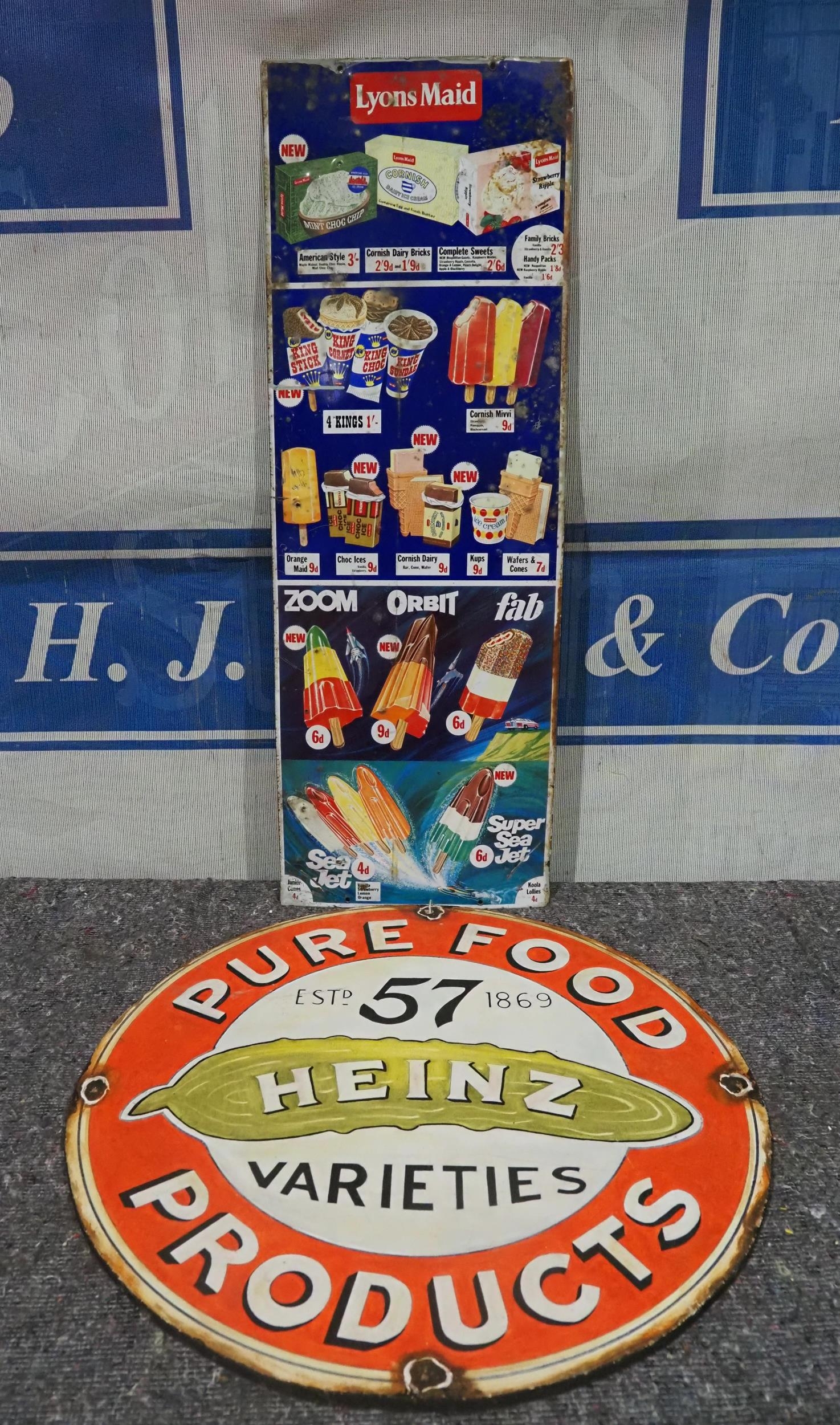 Tin sign Lyons Maid and painted Heinz sign on board
