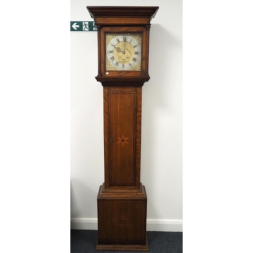 Oak long cased clock with brass face and inlaid detailing H79" x W20" x ...