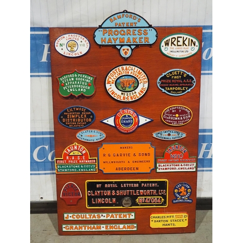 Display board of assorted cast iron name plates to include Wrekin ...