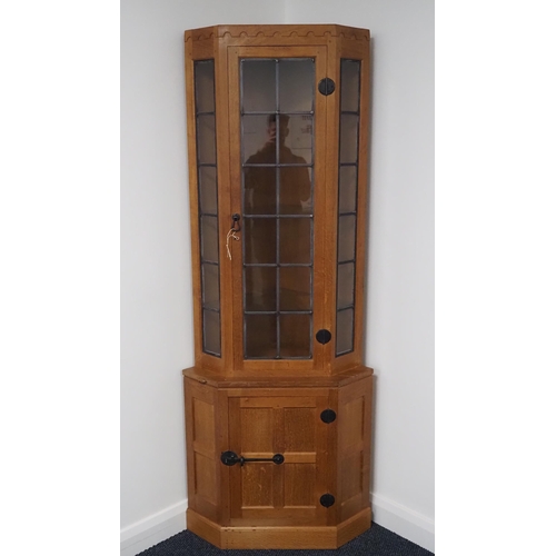 Robert Thompson Mouseman corner display cupboard in oak H74" x W28" x D18"