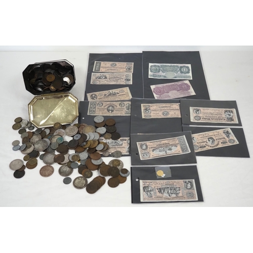 Tin of assorted old coins and fake notes