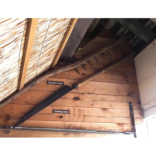 Thatching tools to include comb, trimming knife, needle and others