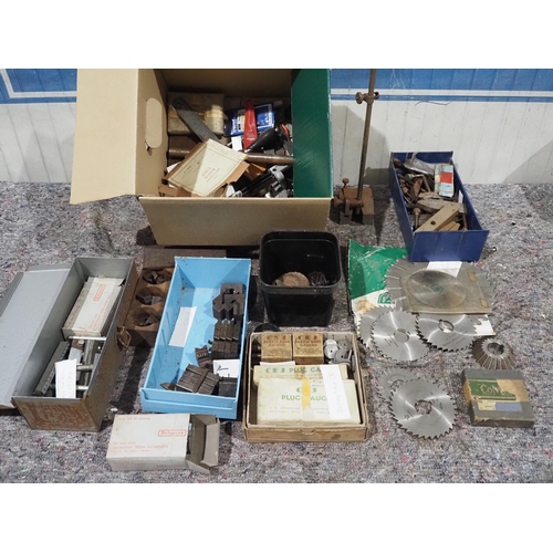 Assorted engineering cutters, dies, plug gauges, sharpening stones etc