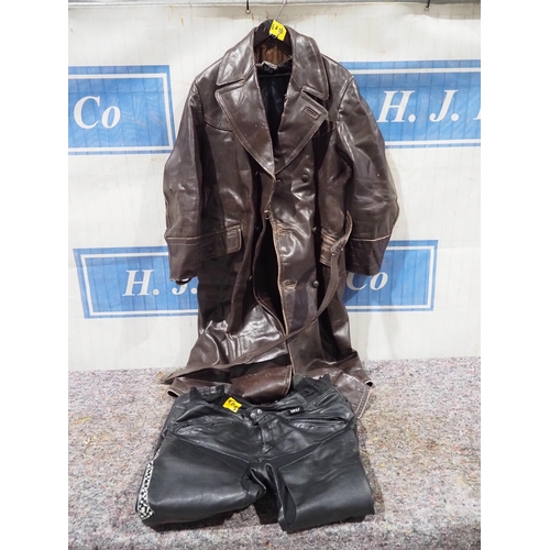 Full length leather jacket and black leather trousers