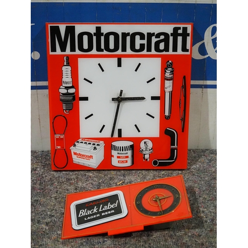 Plastic signs - Motorcraft clock and Carling Black Label clock
